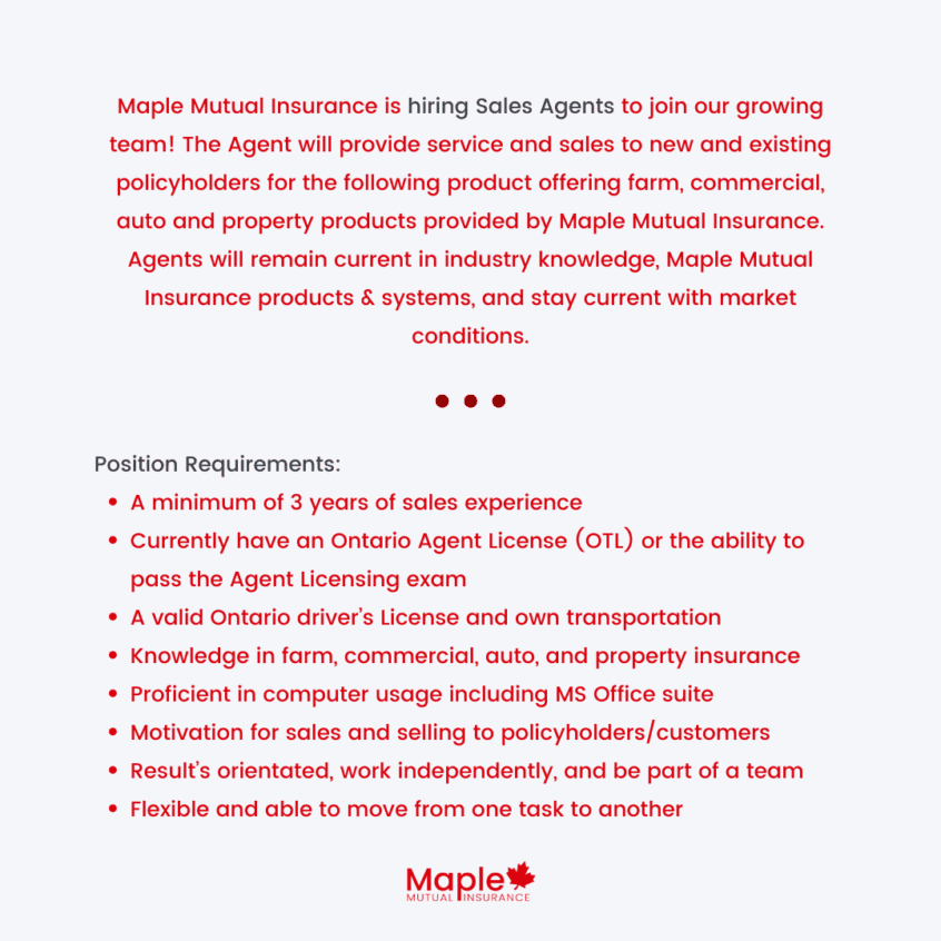 We are Hiring: Sales Agents | Maple Mutual Insurance