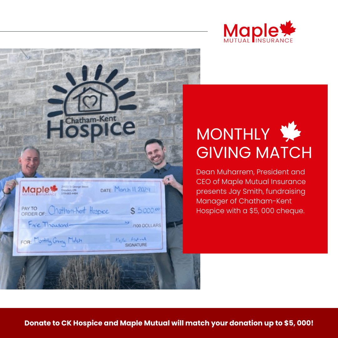 Maple Mutual Presents $5000 Cheque to CK Hospice | Maple Mutual Insurance